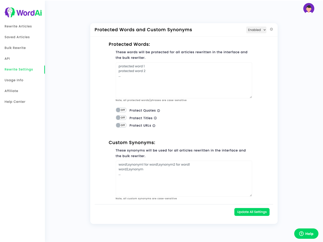 Custom Synonyms – WordAi